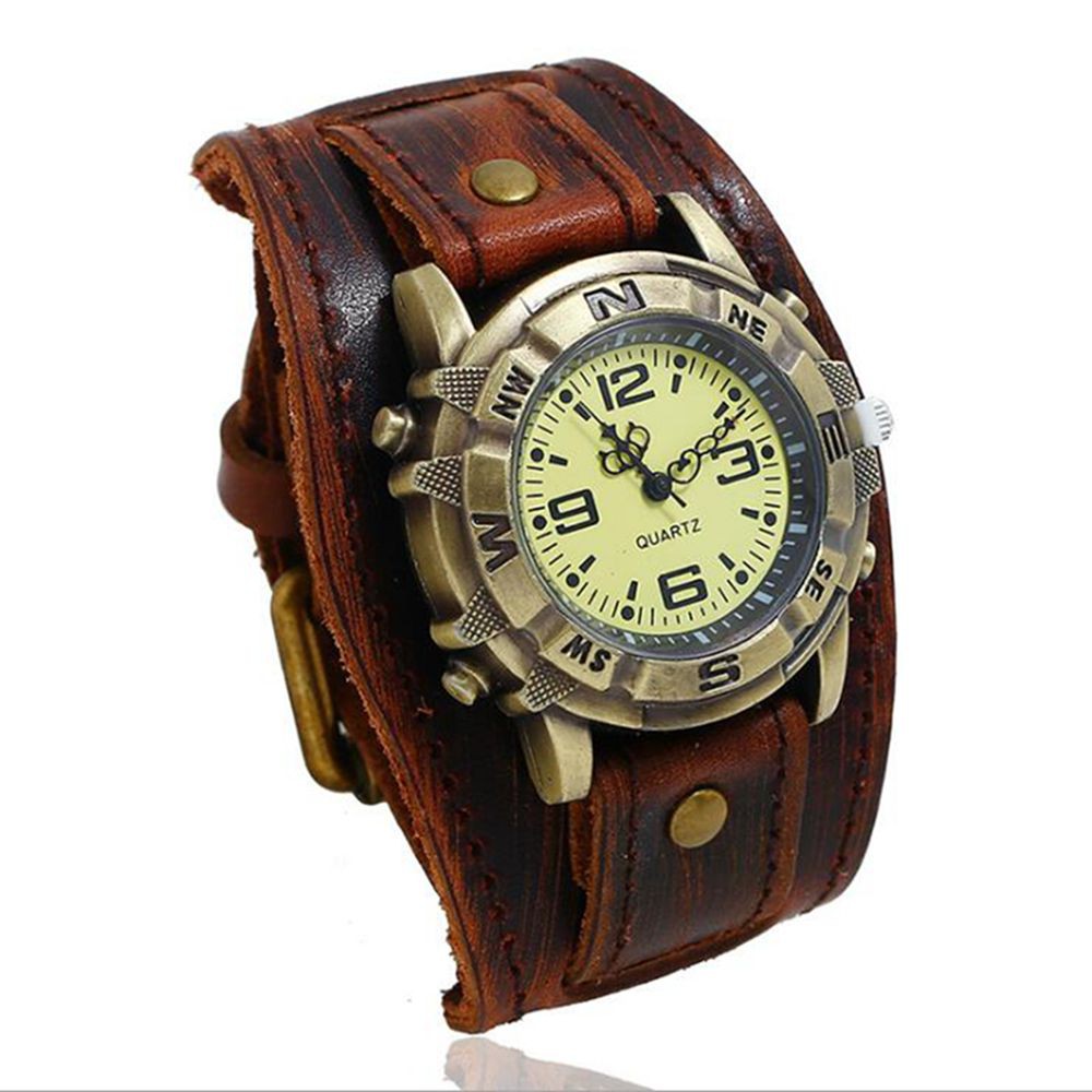 Big Wide Genuine Leather Strap Watch Men Punk Quartz Cuff Watch ...