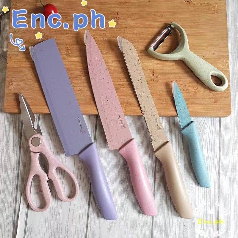 ENC 6PCS STAINLESS STEEL PASTEL KITCHEN KNIFE SET (Bread Knife Cleaver ...