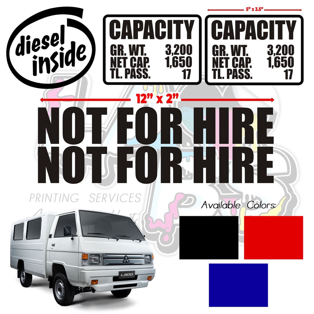 Mitsubishi L300 FB Van Sticker Set Capacity, Not for Hire. (Free Diesel ...