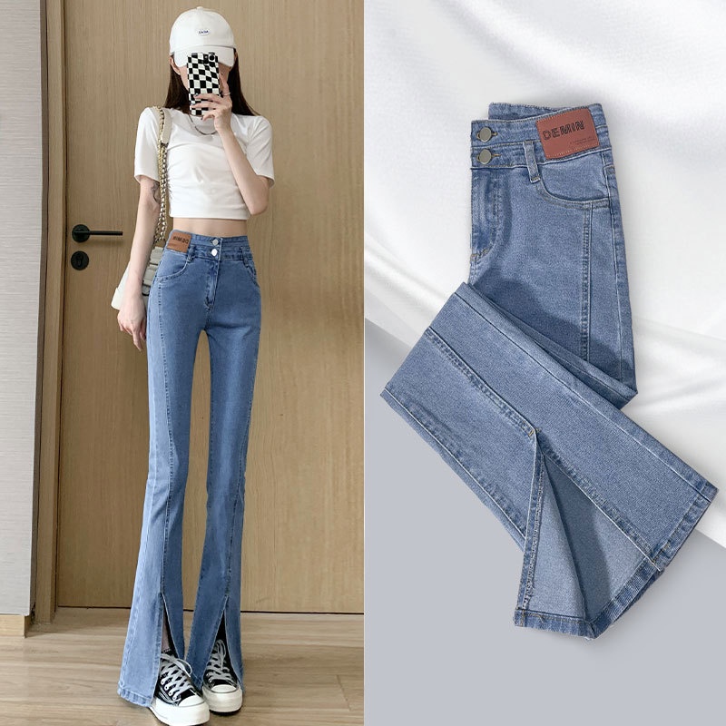 (Free Gift) Slit Jeans Women's Straight High Waist Slim Wide Leg Slit ...
