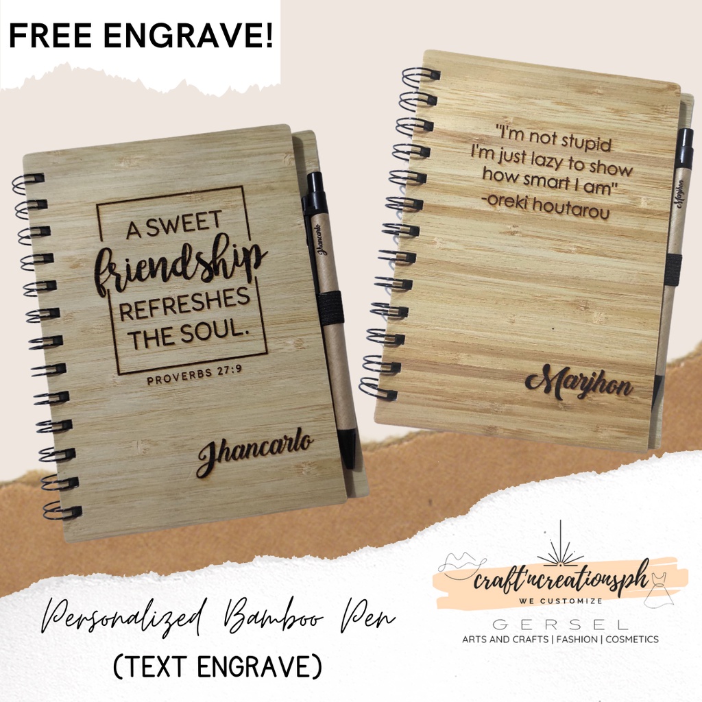 PERSONALIZED/CUSTOMIZED LASER ENGRAVED BAMBOO NOTEBOOK WITH KRAFT PEN ...
