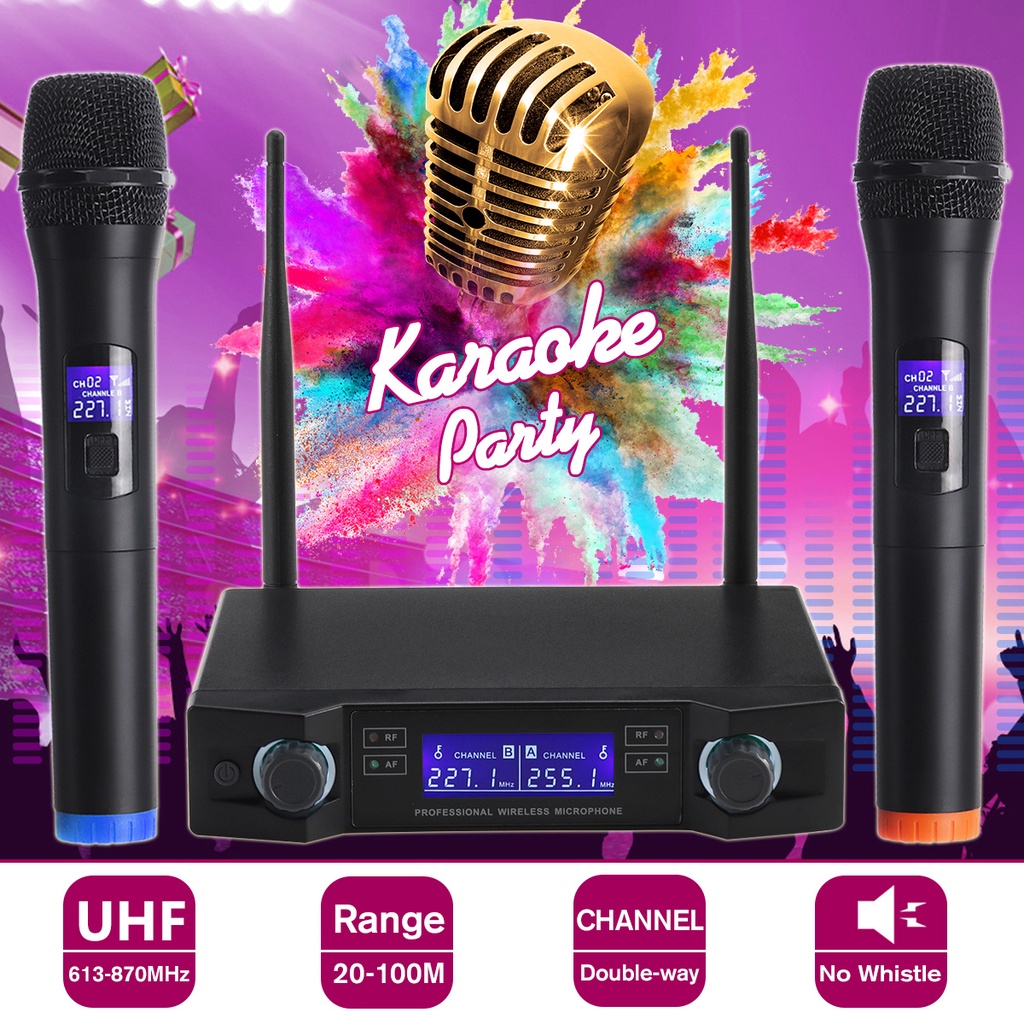 2 Channel Cordless Handheld Mic Long Range for Karaoke Speech UHF ...