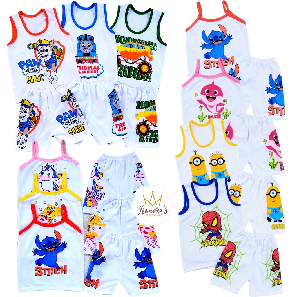 0-2yo Kids Sando / Spaghetti Shorts Terno Pambahay Panggala Pure Cotton ...