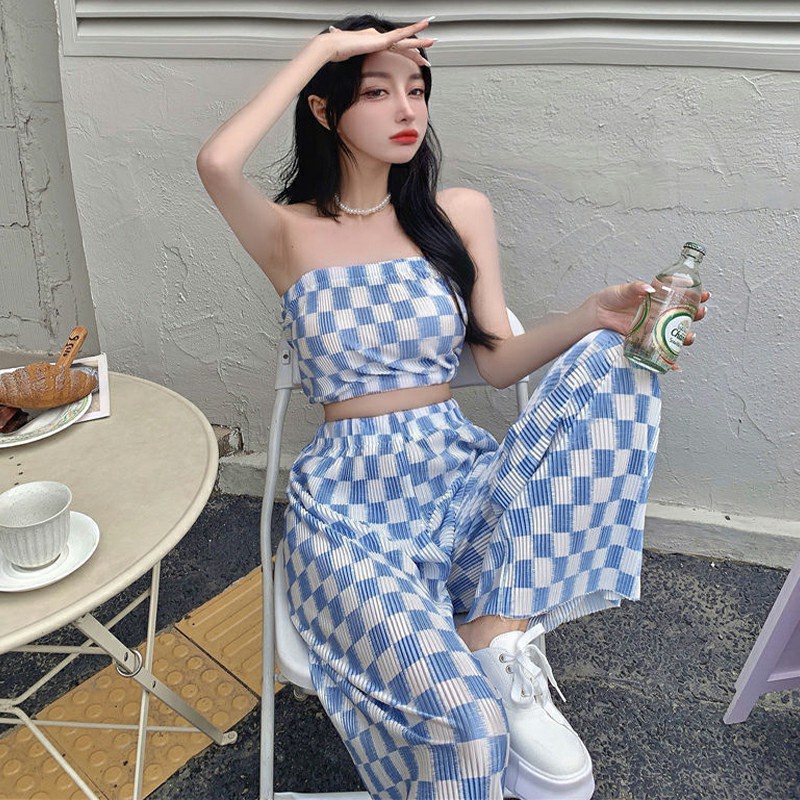 NEW-Women 2PCS Outfits, Check Pattern Sleeveless Tube Tops, High Waist ...