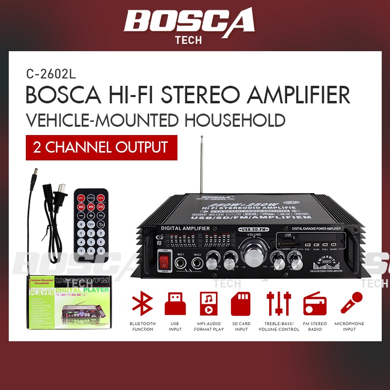 BOSCA Hi-Fi Stereo Amplifier 2 channel output Bluetooth USB SD FM ...