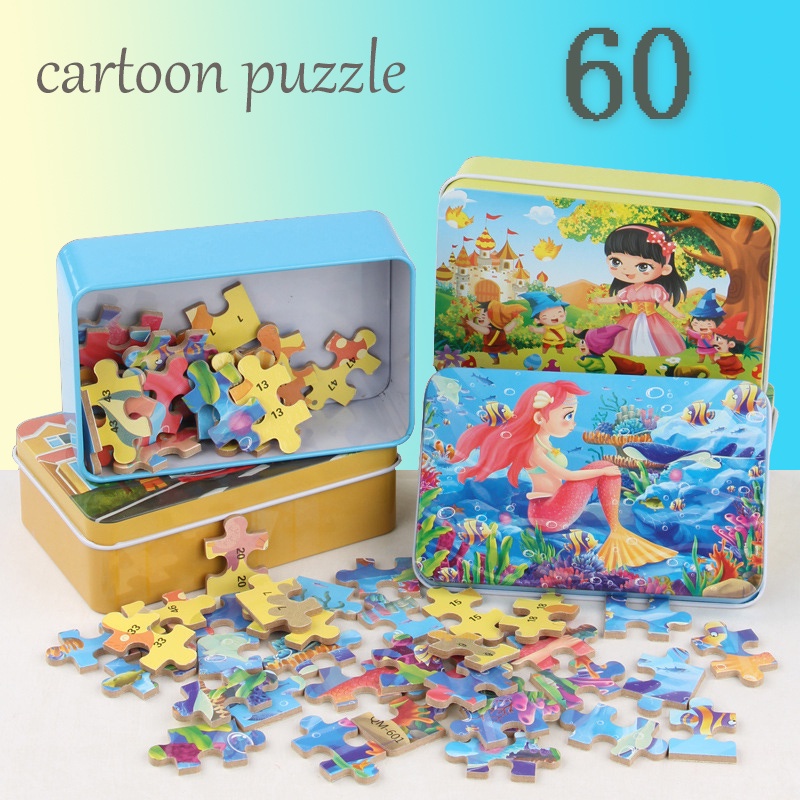 60 Pcs Puzzle for Kids Adults Cartoon Wooden Puzzle with Iron Box / 1 ...
