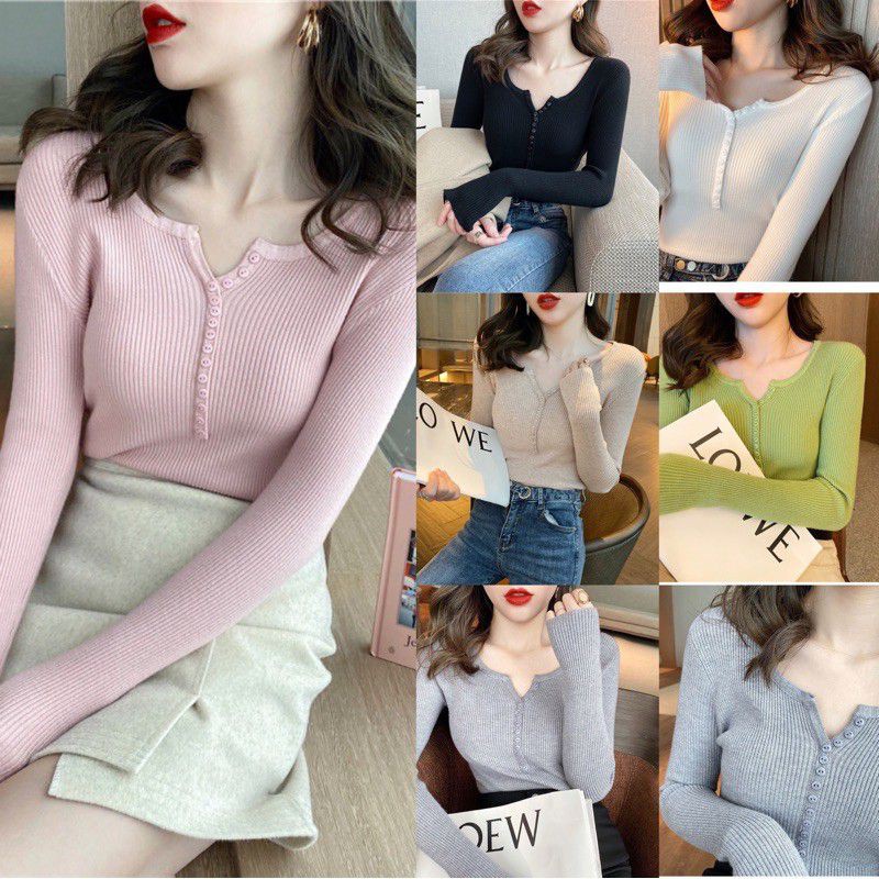 New Knitted Long Sleeve Womens Plain Color Top Longsleeve Blouse