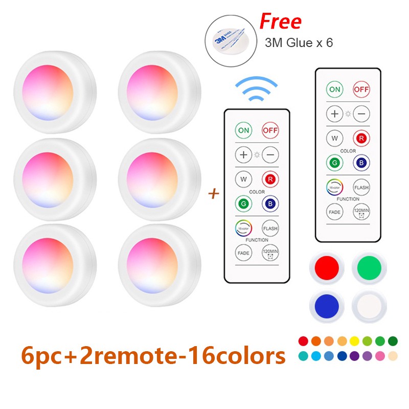 6pcs 16Colors LED Remote Control Night Light Wireless Smart Puck Light ...