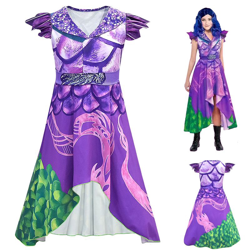 Descendants 3 Mal Cosplay Costume Kids Girls Dress Short Sleeve Fancy ...
