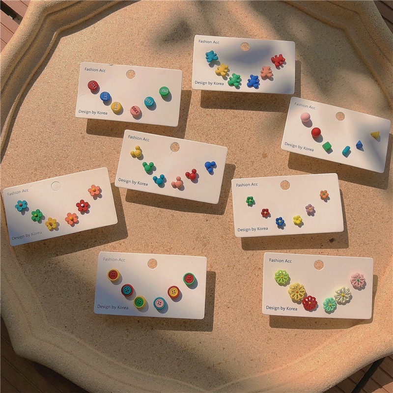 6PCS Colorful Daisy Flower Button Stud Earrings Cute Button Bear ...