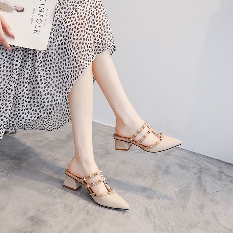 Roman Rivets Influencer Half Slippers Female High-Heeled Fairy Style ...