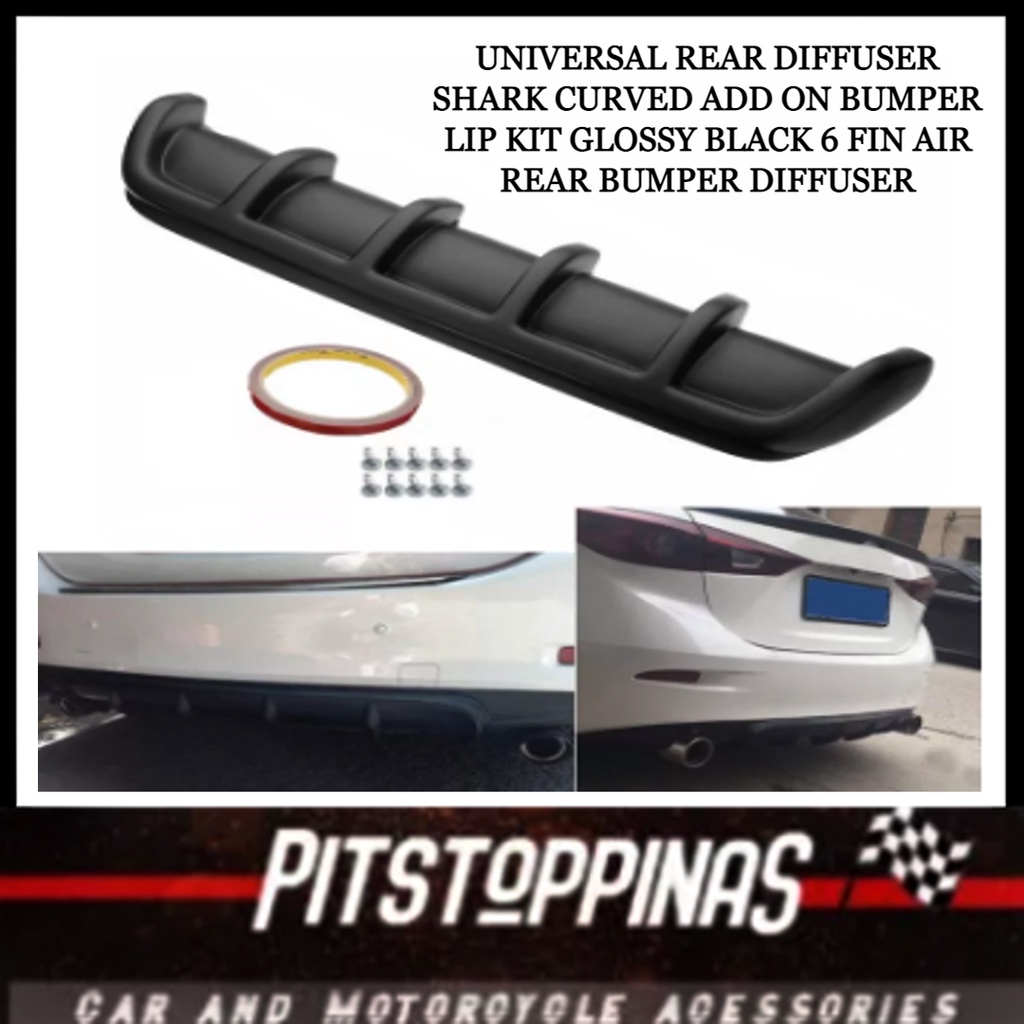 Universal Rear Diffuser Shark Curved Add on Bumper Lip Kit Glossy Black ...