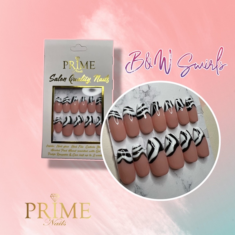 Prime Nails Black And White swirls • Salon Quality & Reusable Press On ...