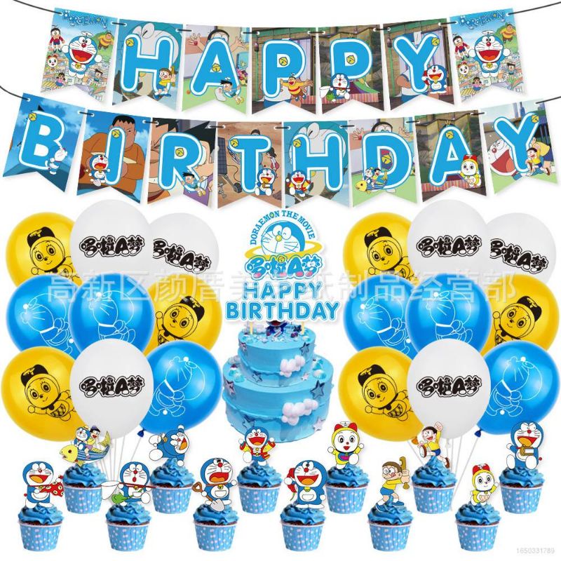 Doraemon Theme Happy Birthday Party Decorations Balloons Banner Cupcake ...