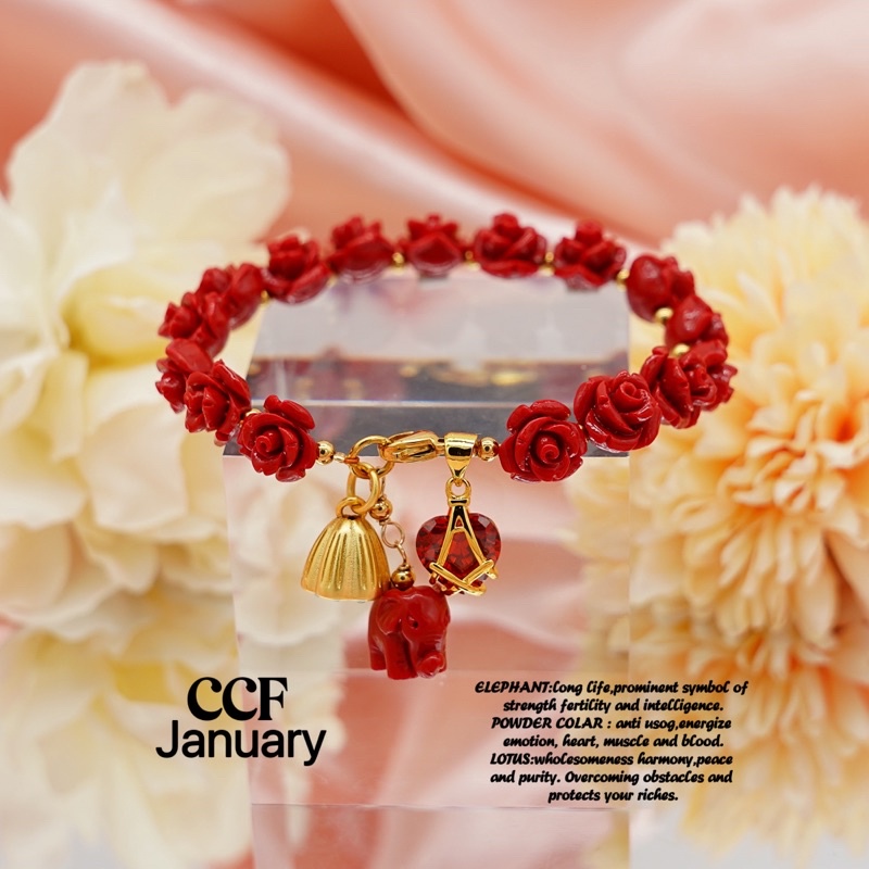 lucky charm anti usog powder coral elephant/flower and Thailand gold Lotus birthstone bracelet ...