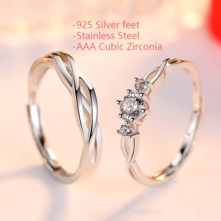 2pcs Silver Couple Ring Crystal Diamond Couple Wedding Adjustable Open ...