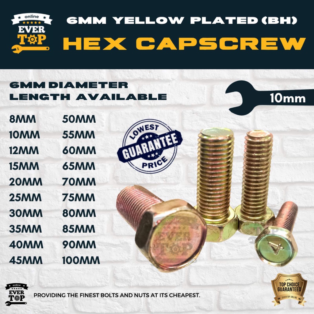 6mm (1.0P) BH Hex Bolt | Gold Plated Capscrew Ordinary | Tetanized ...