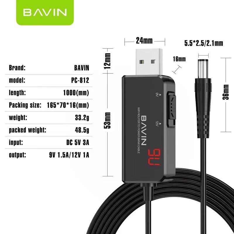 BAVIN PC812 Powerbank To Wifi Router Modem USB Booster Power Cable 1 Meter DC 5V to 9V/12V ...