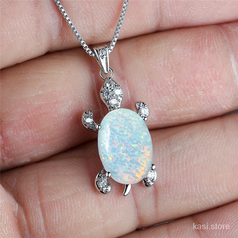 White Blue Opal Sea Turtle Pendant Necklace Rainbow Crystal Big Oval ...