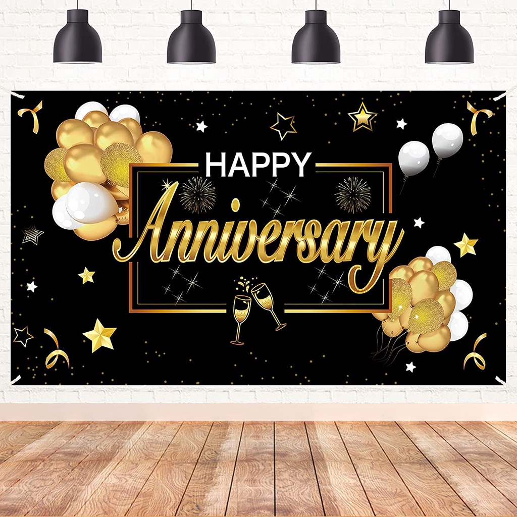 Happy Anniversary Banner Backdrop Anniversary Party Supplies Black Gold ...