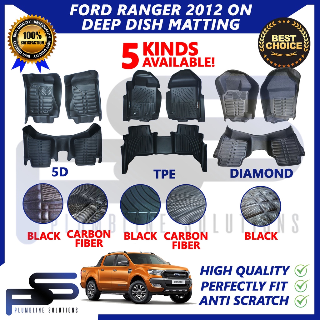TPE / 5D Black / 5D Diamond Black Deep Dish Matting for Ford Ranger T6 ...