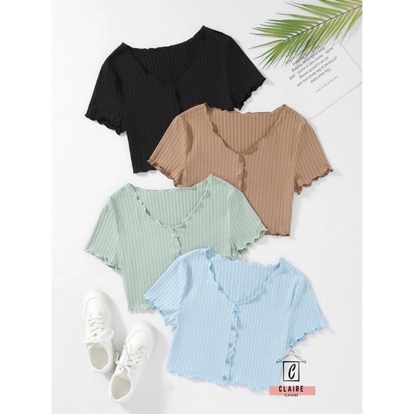 Claire Button Lettuce Trim Waffle Knit Tee 11199# | Shopee Philippines