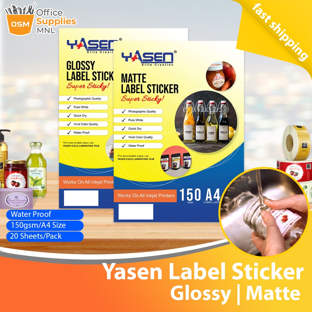 Yasen Printable Label Sticker Paper Glossy/Matte A4 150GSM Waterproof ...