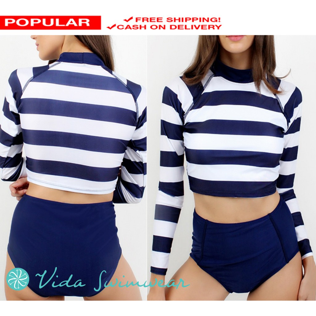 Rashguard Swimsuit Crop Top Rashguard Two Piece Swimwear Set | Shopee ...