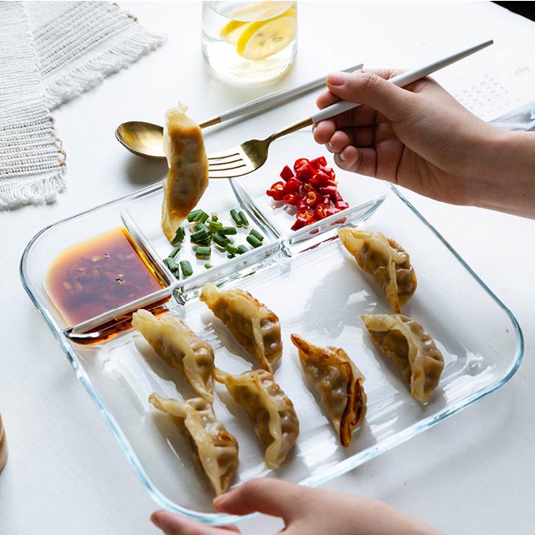 (1pc) ⭐ Deli Tempered glass divided plate, vinegar sauce dumpling plate ...