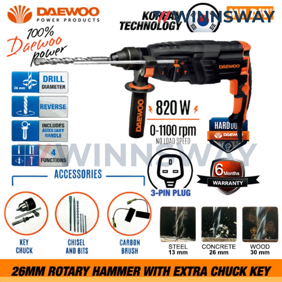DAEWOO 850W 4 IN 1 Rotary Hammer Drill DARH-26SRE 3 Mode 3 IN 1 Drill ...