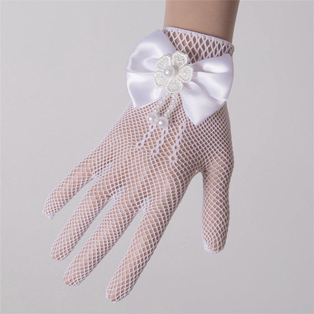 1 Pair Girls Kids White Lace Faux Pearl Fishnet Gloves Flower Communion ...