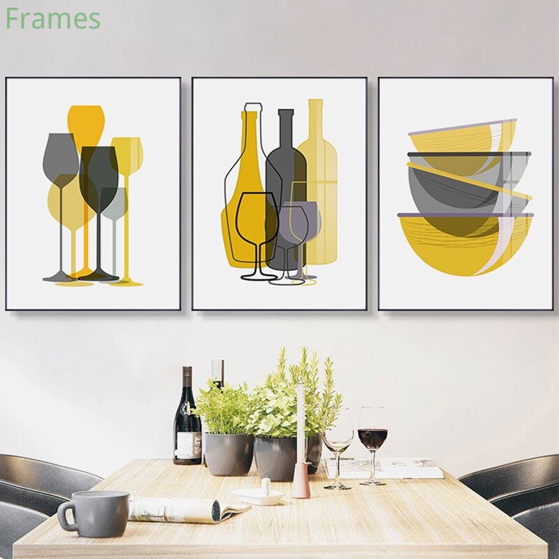 Abstract Yellow Grey Tableware Canvas Painting Rice Bowl Poster ...