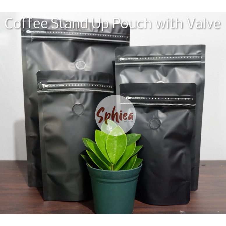 Coffee Stand Up Pouch with Valve / Black Matte Stand Pouch/ Coffee ...