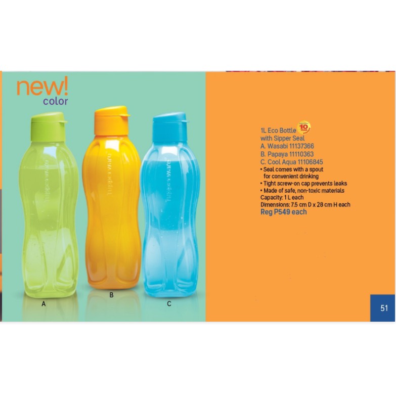 Tupperware 1L Eco Bottle Sipper Seal Water bottle thumbler PAPAYA ...
