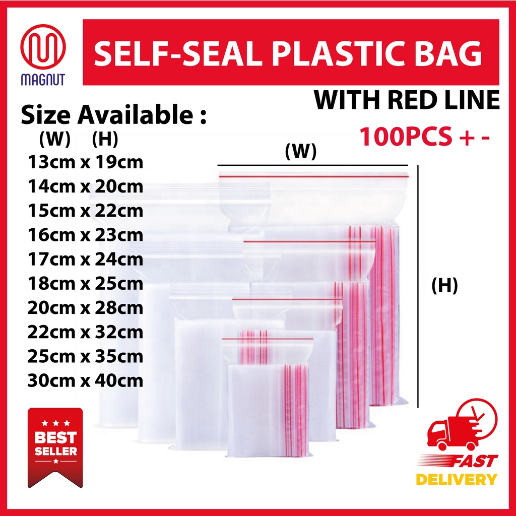 Zip Lock Plastic Bag 100pcs With Red Line Zipper Plastic Bag Resealable ...