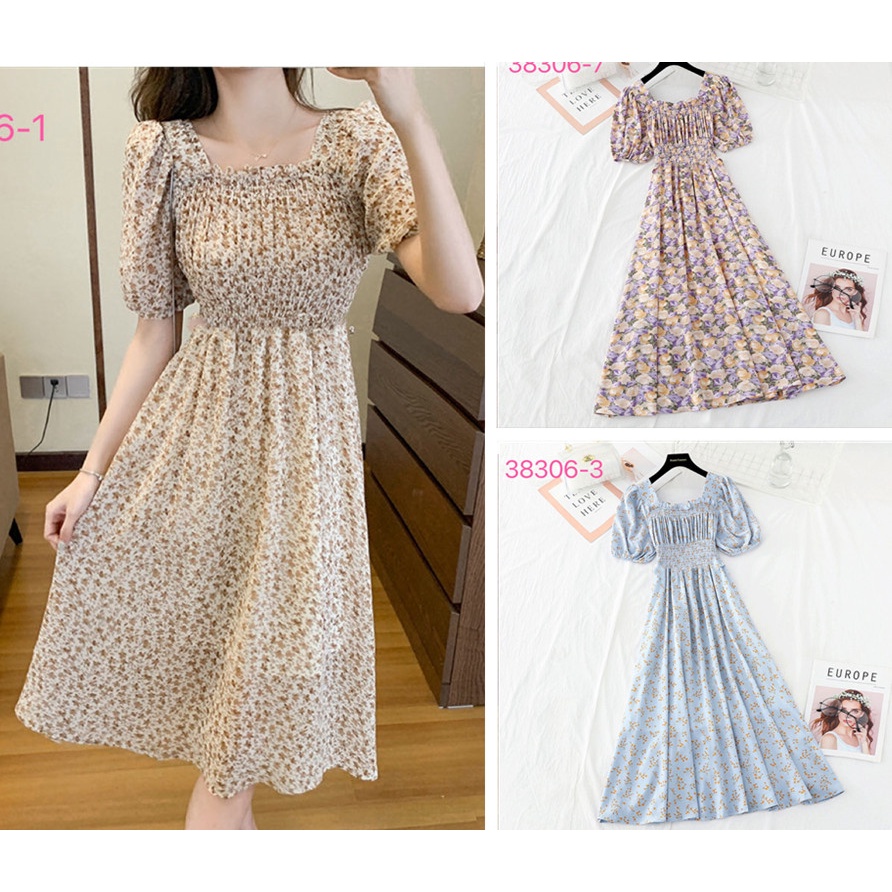 Womens Fashion Floral Midi Dress Puff Sleeve Square Neck Smocked Dress