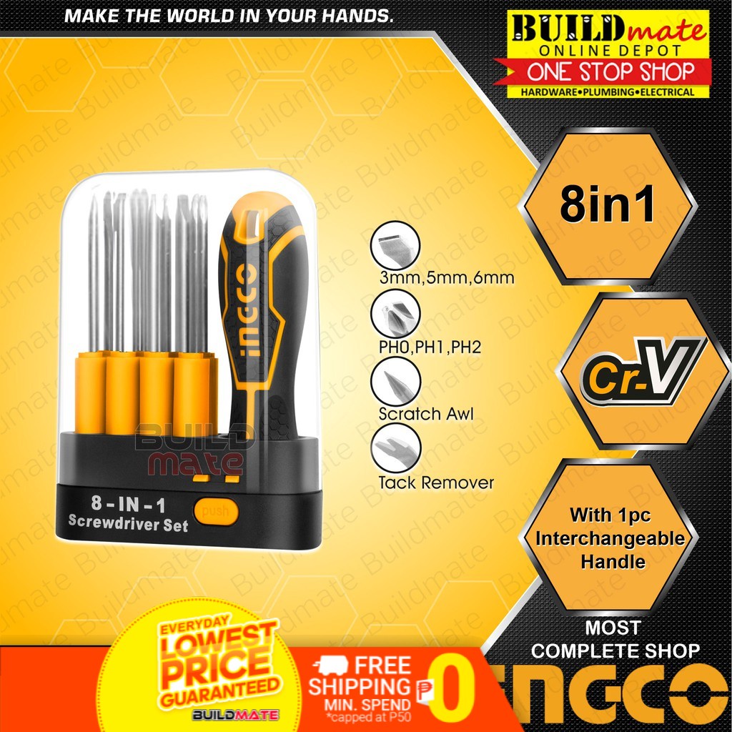 BUILDMATE Ingco 8 IN 1 Screwdriver Set CR-V with Interchangeable Handle ...