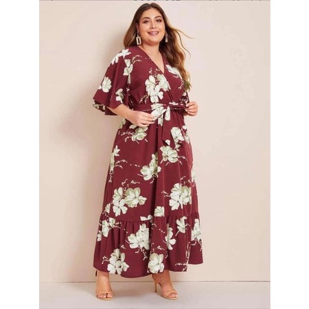 plus size dress red maxi formal casual red floral overlap bohemian ...