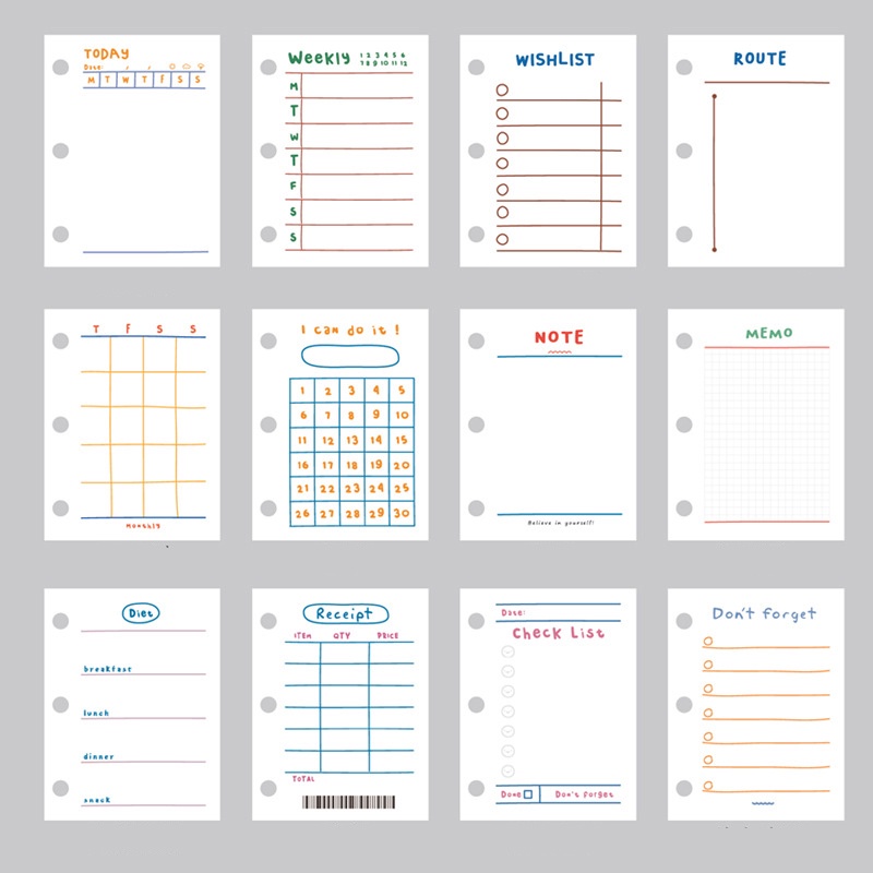 60 Sheets Mini Planner Inserts 3 Holes Journal Colourful Inserts 3 Ring ...