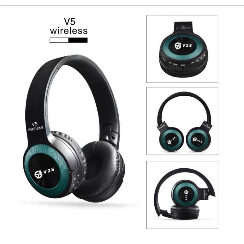 V2S V5 MP3 FM Headset Bluetooth 5.0 Headphone With AUX Wire (Dark Green ...