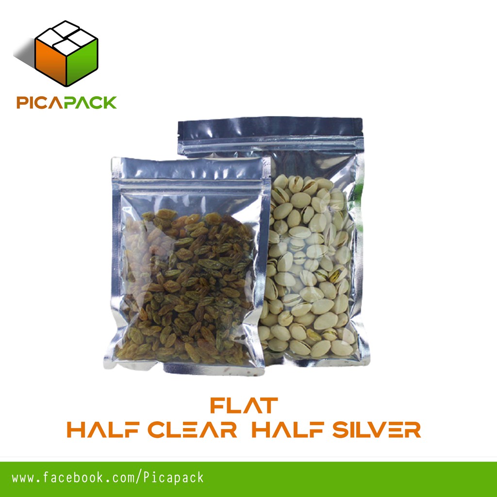 100pcs Flat Half Clear / Silver Ziplock Pouch Packaging aluminum Pouch ...