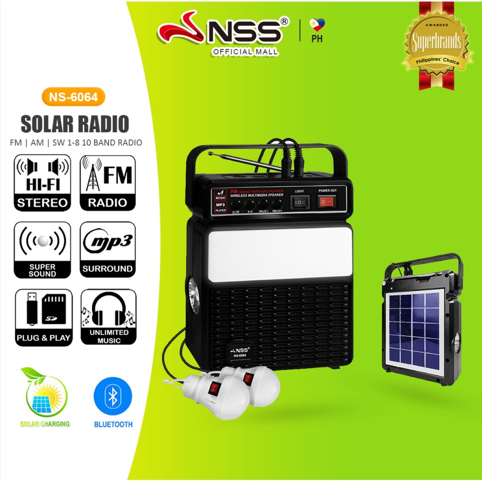 NSS Solar Radio Bluetooth USB Charge MP3 TF USB AUX FM with 2 LED Bulb ...