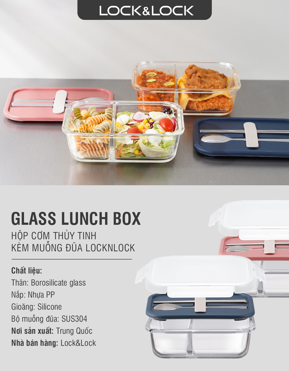 Locknlock glass lunch box divided into compartments with spoon and ...