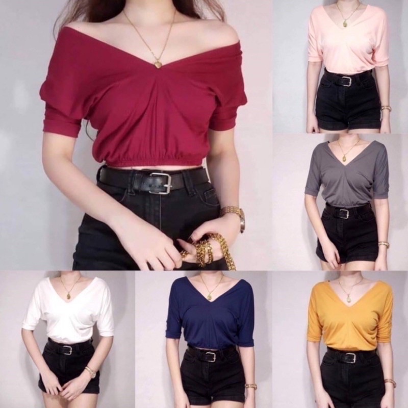 Hylie V-neck Plain & Printed Semi-Crop Top (Free Size/Can Fit Small ...
