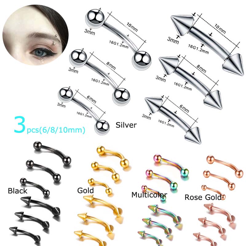 3pcs Stainless Steel Curved Barbell Eyebrow Piercing Ring 20Gauge ...