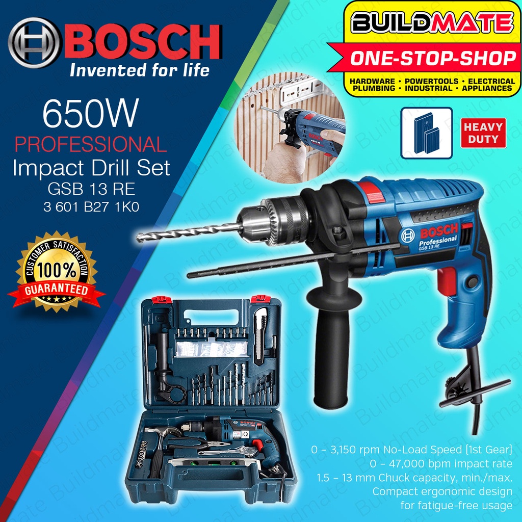 Bosch 650w Percussion Electric Hammer Impact Drill Driver Set Kit Case