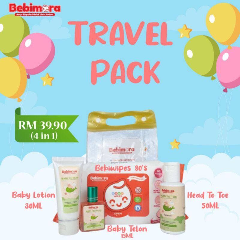 BEBIMORA - TRAVEL PACK 4 IN 1 (BABY LOTION, BEBIWIPES, HEAD TO TOE WASH ...