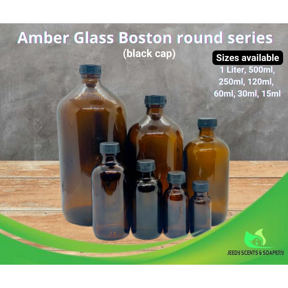 Glass Boston Round amber bottle with Plastic screw black cap | Shopee ...
