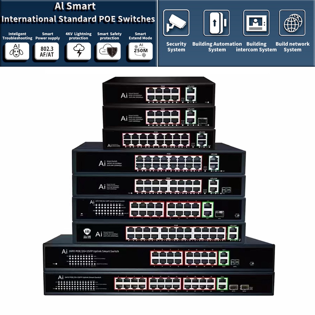 POE Switch 48V 100Mbps/1000Mbps Smart IP Switch 2+4Ports/8Ports/10Ports ...