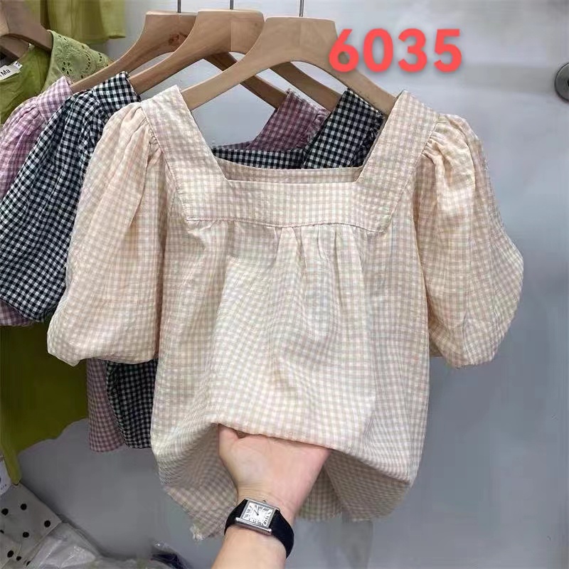 AS ELEGANT new women checkered square-neck puff sleeve top 6035 | Shopee Philippines